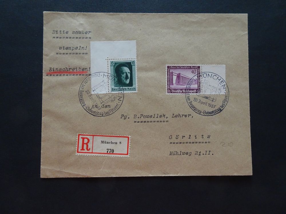 DEUTSCHES REICH, R-Brief 20 April 1937, ab München 8 (Gebraucht) in Stäfa für CHF 1 – mit ...