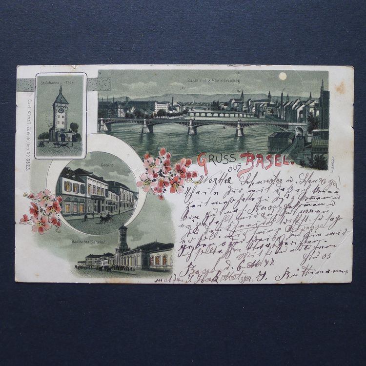 1899, BASEL Mondschein, Litho, antike Ansichtskarte | Kaufen auf Ricardo