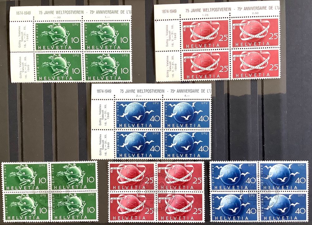 1949 Schweiz 75 Jahre Weltpostverein Viererblock ** + Gest. (Neu (gemäss Beschreibung)) in ...
