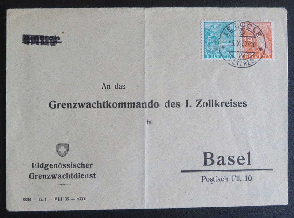 Brief an Grenzwachtkommando Basel, 1937 (Gebraucht) in Oberriet SG für CHF 5 – mit Lieferung auf ...
