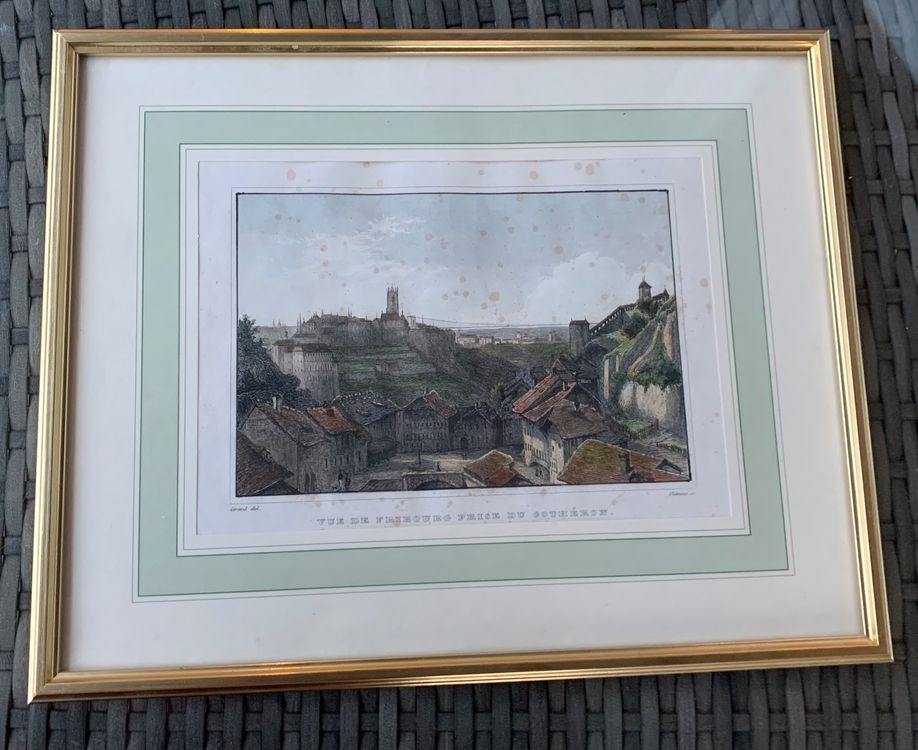 Kupferstich "Vue de Fribourg prise du Gothéron" Goldrahmen (Gebraucht) in Niederurnen für CHF 23 ...