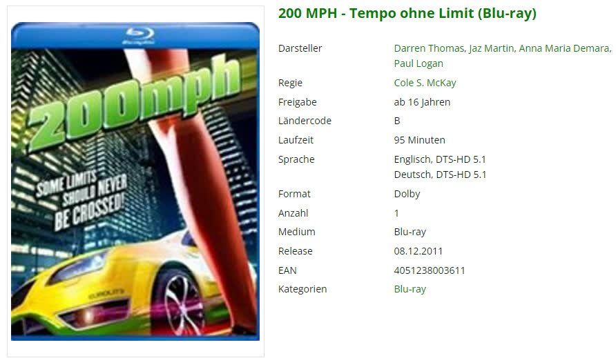 200 MPH - Tempo ohne Limit (Blu-ray) (Gebraucht) in Buchrain für CHF 3 – mit Lieferung auf ...