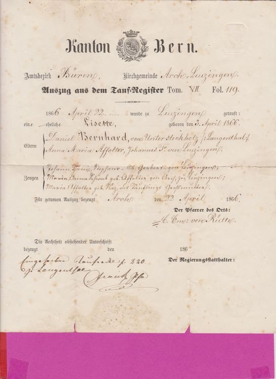 Arch Leuzingen : antikes Doku -Auszug aus Tauf-Register 1866 (Gebraucht ...