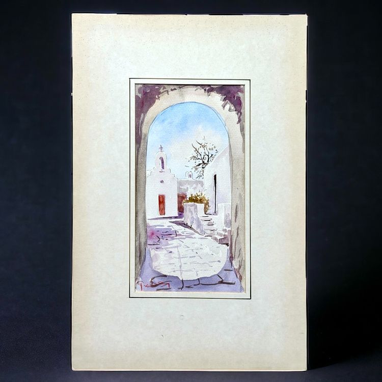 Superbe aquarelle sur carton paysage Santorin Grèce signée | Kaufen auf Ricardo