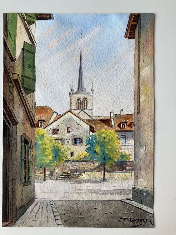 Tableau , aquarelle signé sur papier. Payerne. (Gebraucht) in le landeron für CHF 19 – mit ...
