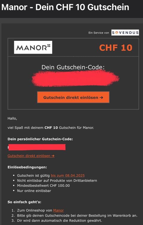 Manor - CHF 10 Gutschein (Neu und originalverpackt) in St. Gallen für CHF 1 – nur Abholung auf ...