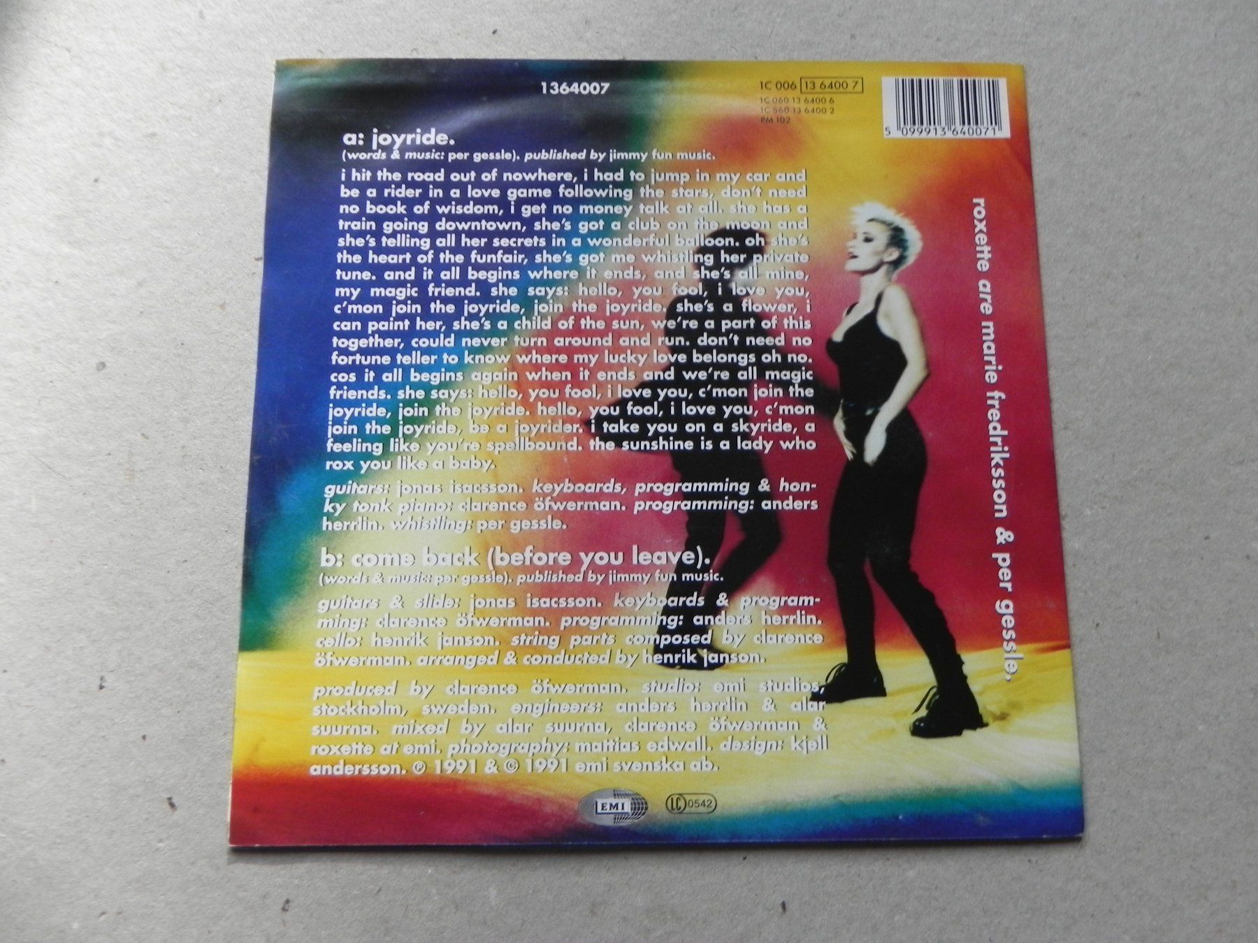 Single 7" Schweden Pop Duo Roxette 1991 Joyride / Come Back (Gebraucht ...