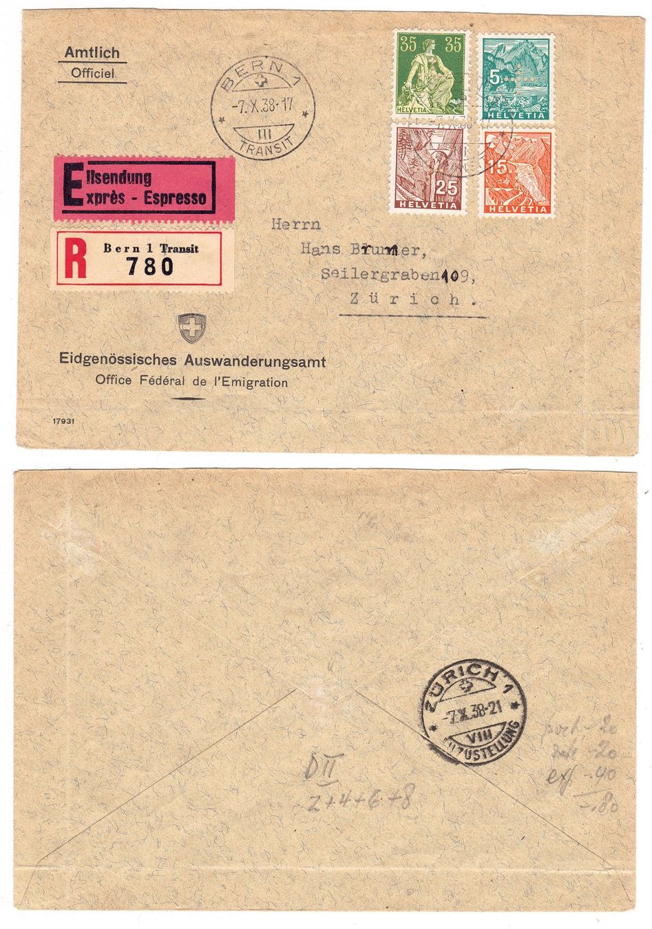 lettre exprès recommandé de Bern pour Zürich 7.X.38 (Gebraucht) in La ...