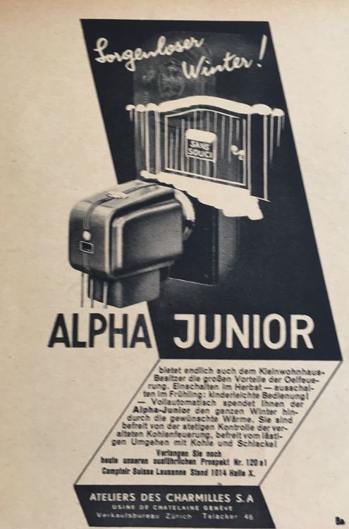 Vintage Reklame, Alpha Junior, Oelfeuerung, 1948 | Kaufen auf Ricardo