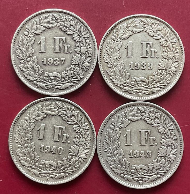 4 Silbermünzen 1 Franken, Jahrgänge 1937, 1939, 1940, 1943 (Gebraucht) in Luzern für CHF 14 ...