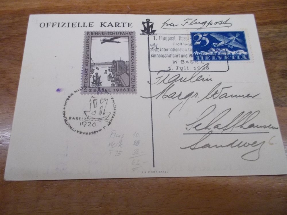 Karte 1. Flugpost Basel-Schaffhausen 1926, mit Vignette (Gebraucht) in Niederwil AG für CHF 5.5 ...