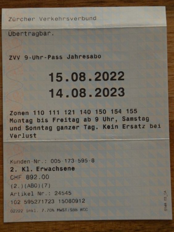 ZVV 9-Uhr Pass (Gebraucht) in Bonstetten für CHF 72 – mit Lieferung auf Ricardo kaufen