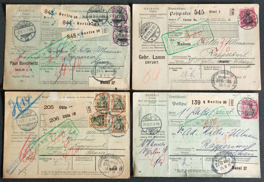 DEUTSCHES REICH: 4 Paketbegleitkarten aus 1911 (Gebraucht) in Zürich ...