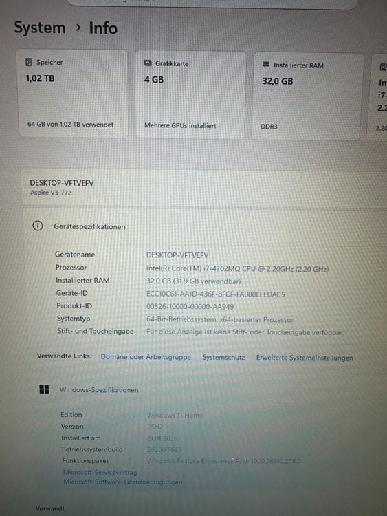 Acer Aspire V3-772 Laptop, Intel i7, 32GB RAM (Gebraucht) in Zürich für ...