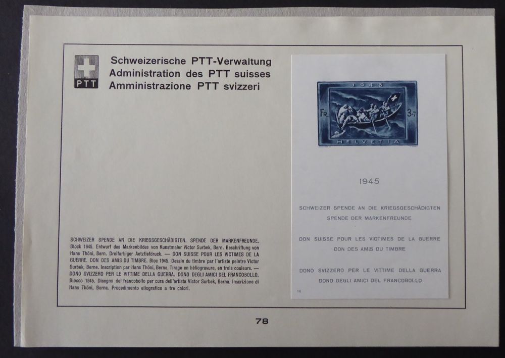 Schweizer Spenden-Block 1945 postfrisch auf PTT-Beleg (Neu (gemäss ...