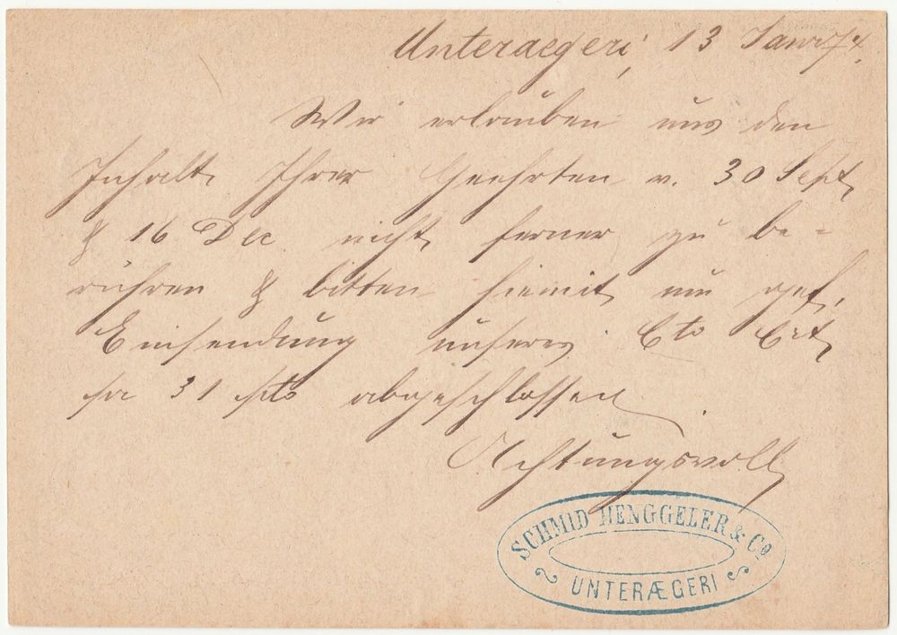 PK; Schmid Henggeler & CO, Unterägeri ---> Zug (1874) (Gebraucht) in ...