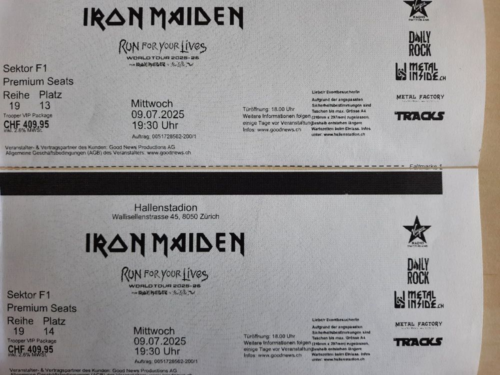 2 IRON MAIDEN Tickets 2025 Run for your Lives Tour | Kaufen auf Ricardo