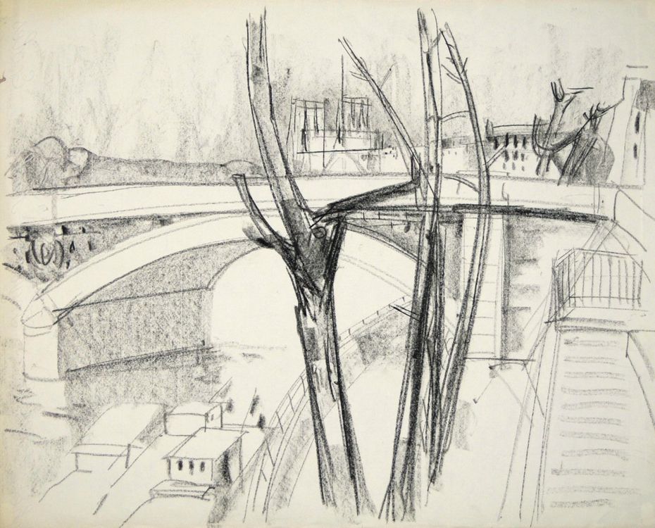Rudolf Zender. Kanallandschaft mit Brücke. Kohle auf Papier. (Gebraucht ...