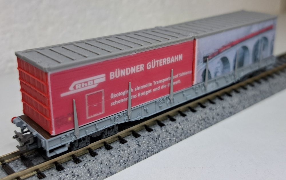 RhB Bündner Güterbahn Wagen mit 2 Container Kato Spur N (Neu (gemäss ...
