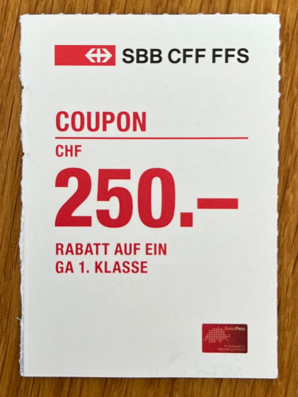 31. August) GA 1. Klasse Gutschein 250 Fr. Rabatt (Neu (gemäss Beschreibung)) in Zürich für CHF ...