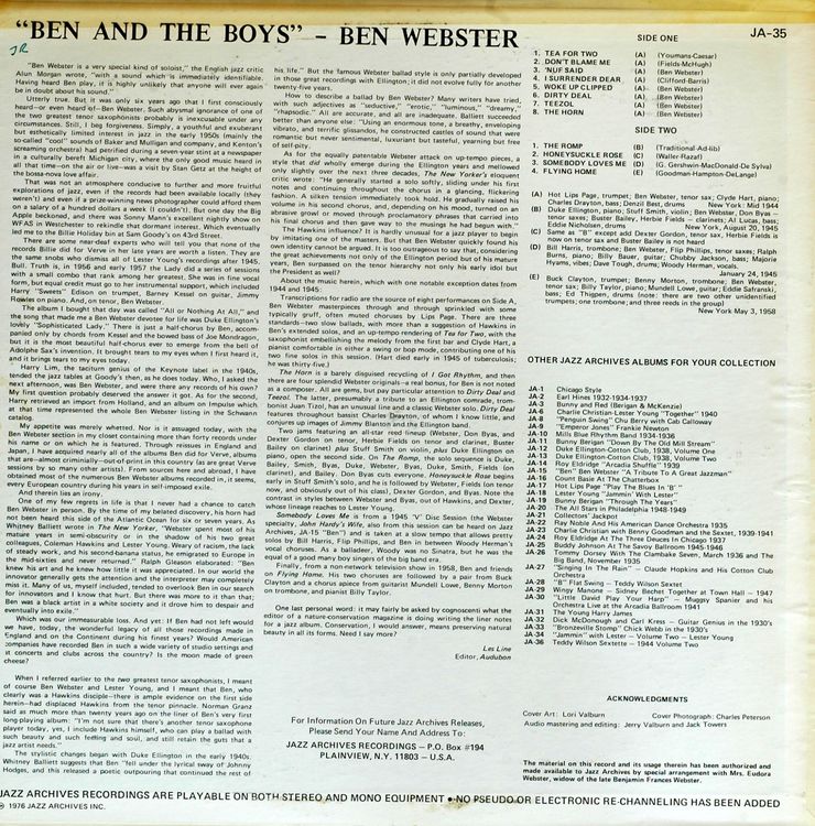 Jazz LP: Ben Webster "Ben and the boys" (Jazz Archives) (Gebraucht) in ...