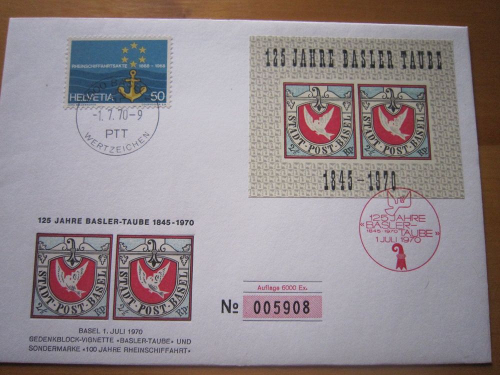 100 Jahre Basler Taube Block u Rheinschiffsfahrt Marke 1970 (Gebraucht ...