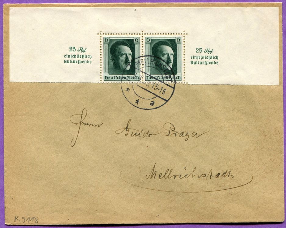 DR 1938 Blockausschnitt auf Brief 2x 25 Rpf. einschl.KULTUR (Gebraucht) in Zug für CHF 2 – mit ...