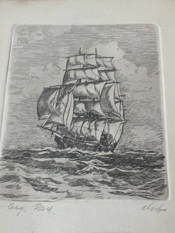 Schönes antikes kleines Bild Radierung SEGELSCHIFF signiert | Kaufen ...