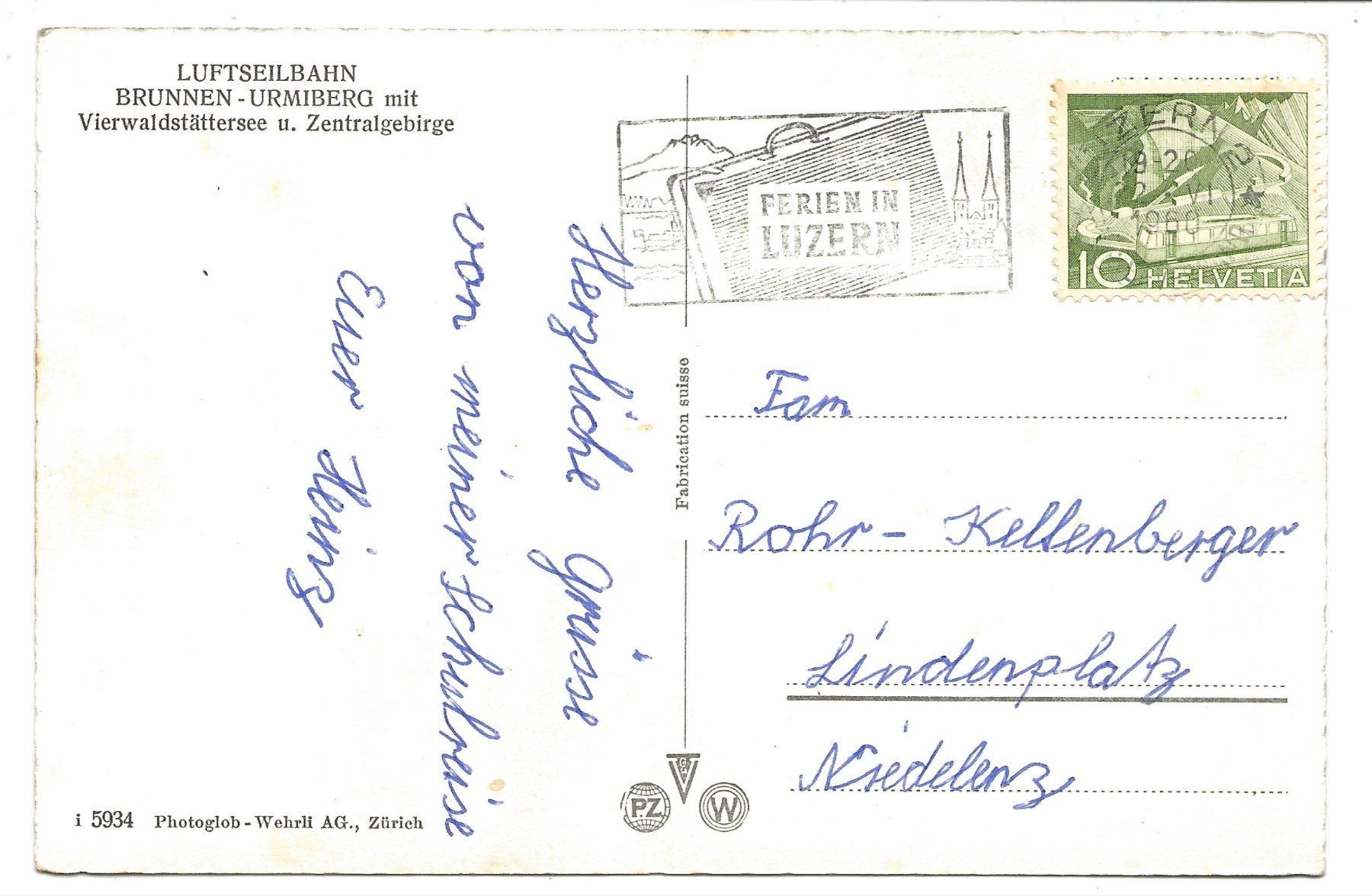 Luftseilbahn Brunnen - Urmiberg (SZ) Vierwaldstättersee 1960 (Gebraucht ...
