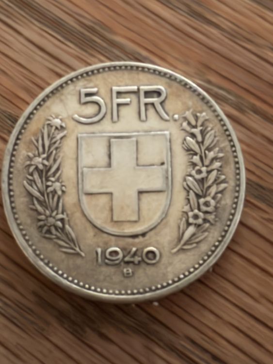 Silbermünze 5 FR. 1940, Konfederation Helvetica (Gebraucht) in Dietwil für CHF 11.5 – mit ...