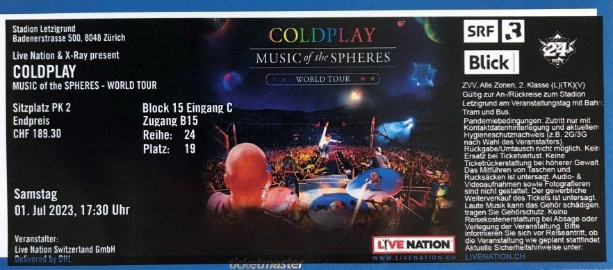 Coldplay Zürich - 1 Ticket 01.07.2023 (Neu (gemäss Beschreibung)) in Bern für CHF 220 – mit ...