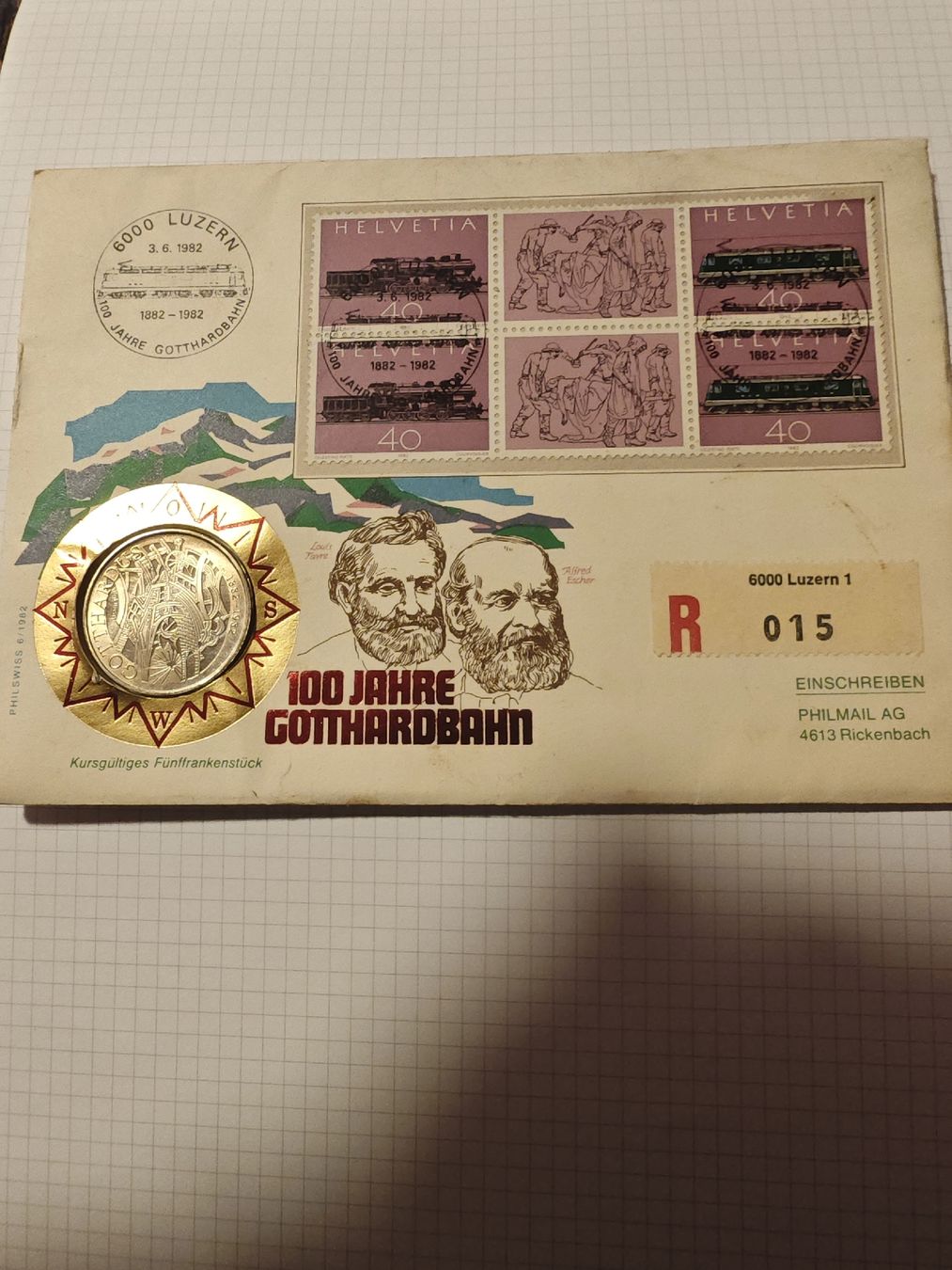 Original Couvert 5 Fr. Münze 1982 "100 Jahre Gotthard" (Gebraucht) in ...