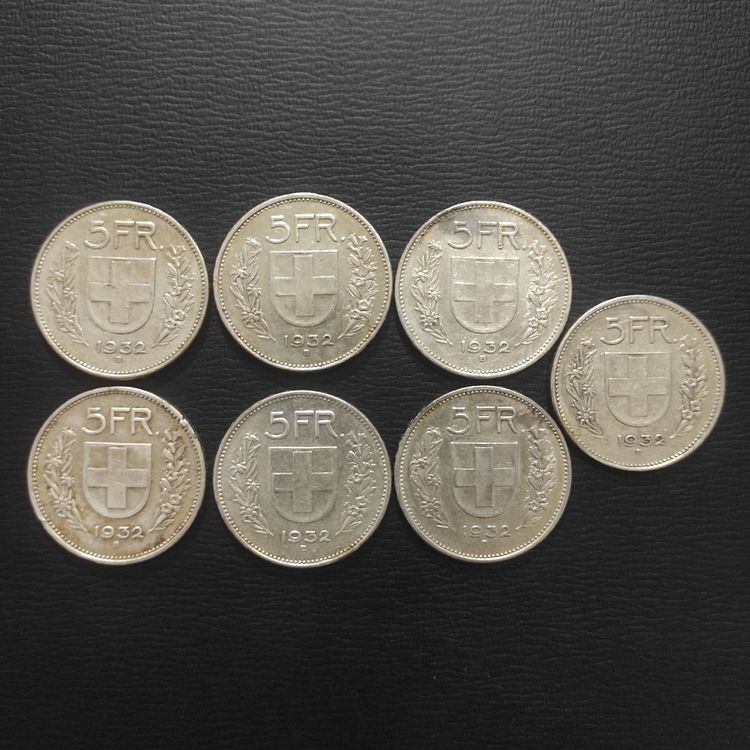 7 Silbermünzen 5 Franken 1932, Konföderation Helvetica (Gebraucht) in Buchs SG für CHF 74 – mit ...