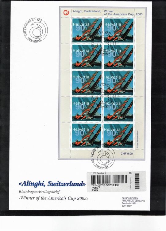 2003 FDC Alinghi Kleinbogen (Gebraucht) in Oberwil (Dägerlen) für CHF 5 – mit Lieferung auf ...
