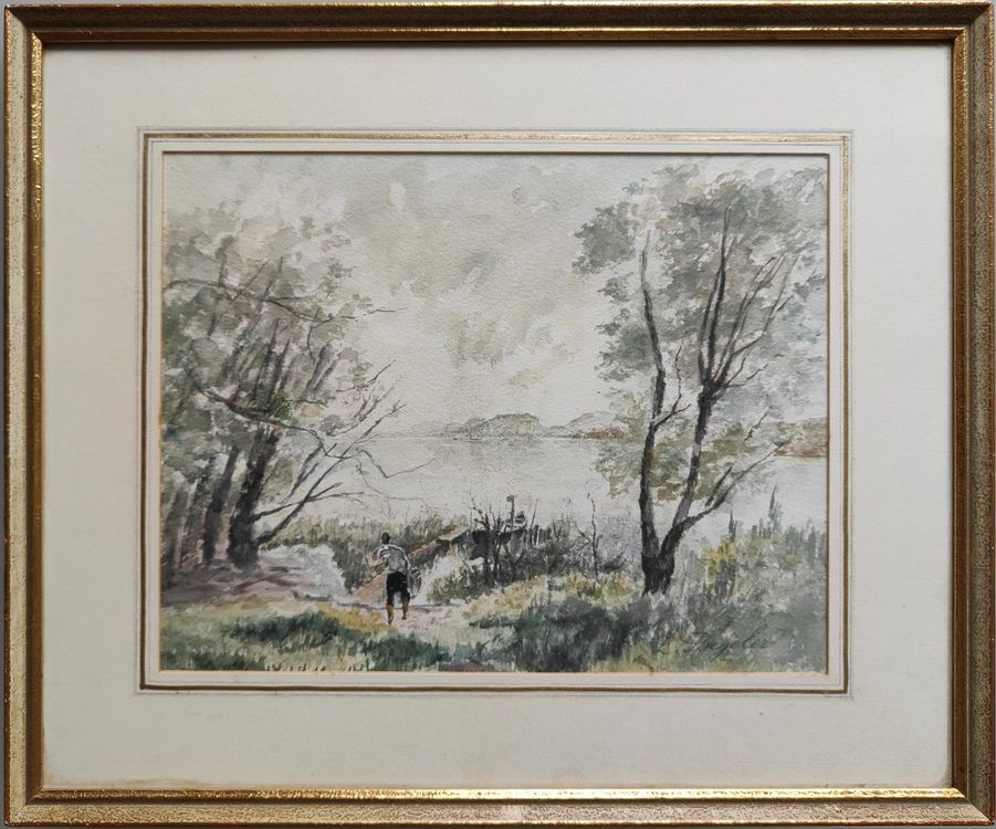 Aquarelle signée Beyeler "Le pêcheur" lac de Neuchâtel | Kaufen auf Ricardo