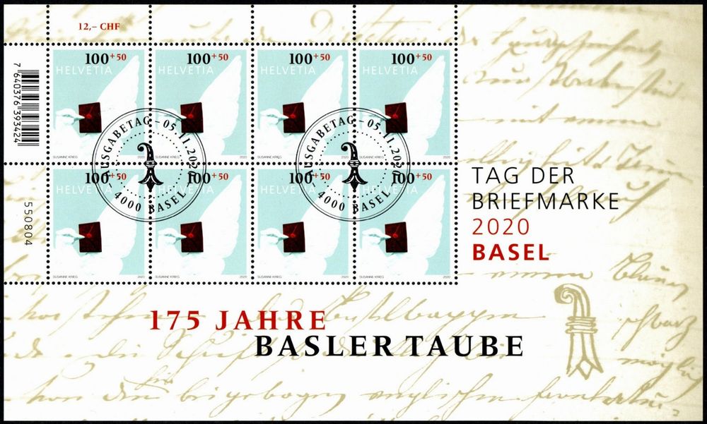 2020 Kleinbogen 175 Jahre Basler Taube SBK W123 Ersttag (Neu und originalverpackt) in Zürich für ...