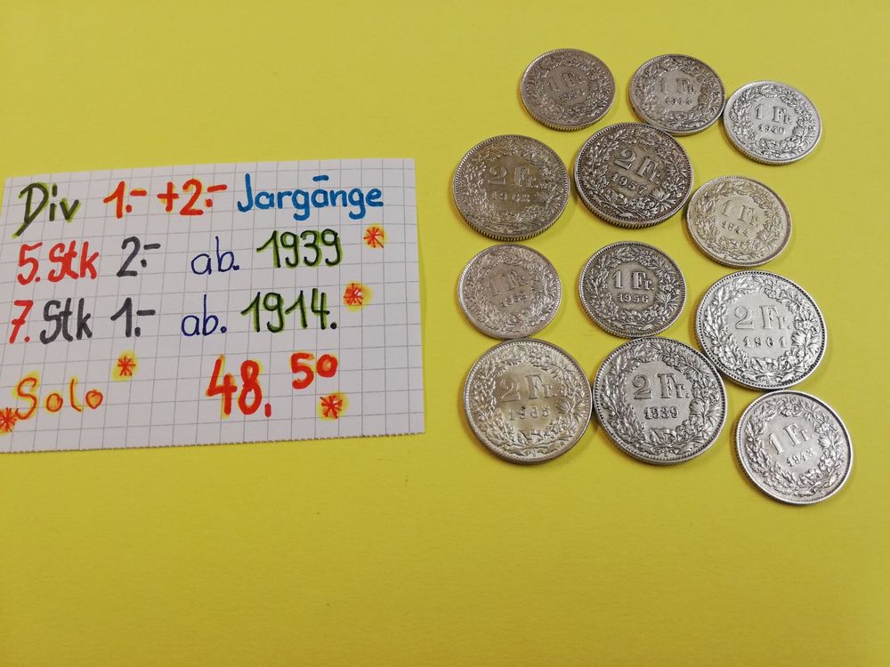 Schweizer Silbermünzen 12 Stk. 2Fr. ab1939/1Fr. ab 1914 Top! | Kaufen auf Ricardo