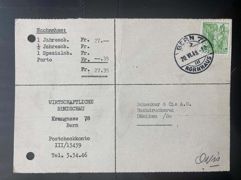 CH 1949 Nachnahme Wirtschaftl.Rundschau 35 Rp. Bern Däniken (Gebraucht ...