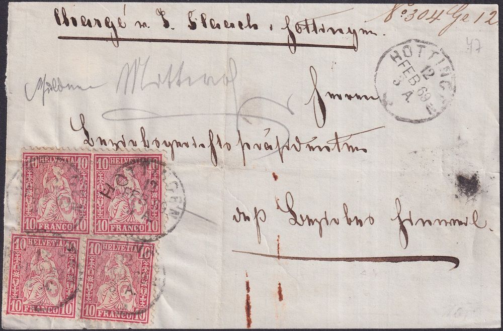 1869, HOTTINGEN mit seltenem "geklebten Viererblock" Nr.38 (Gebraucht ...