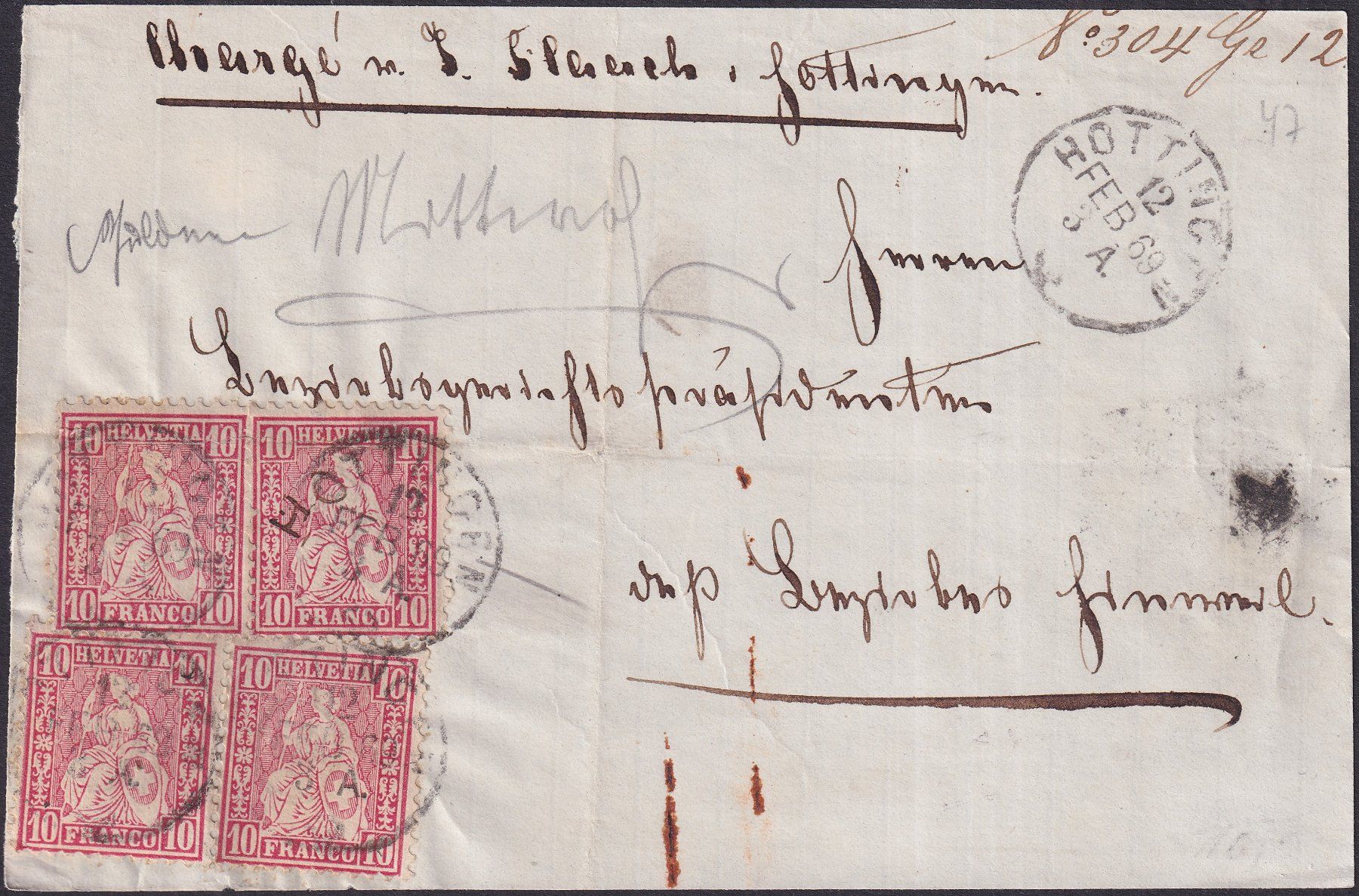 1869, HOTTINGEN mit seltenem "geklebten Viererblock" Nr.38 (Gebraucht ...