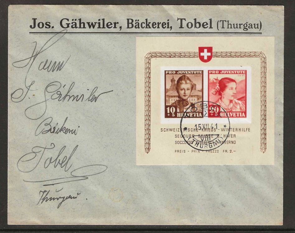 1941 : PJ Block auf Brief von Tobel : KP 650.-- (Gebraucht) in Gümligen für CHF 80 – mit ...