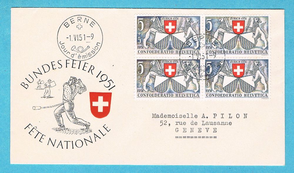 Illust.FDC mit Viererblock B51 BERNE 1.VI.51 US-Format ! | Kaufen auf Ricardo