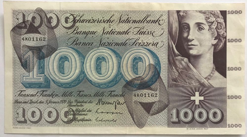 schöne Schweizer 1000 Franken-Banknote vom 5. Januar 1970 (Gebraucht ...