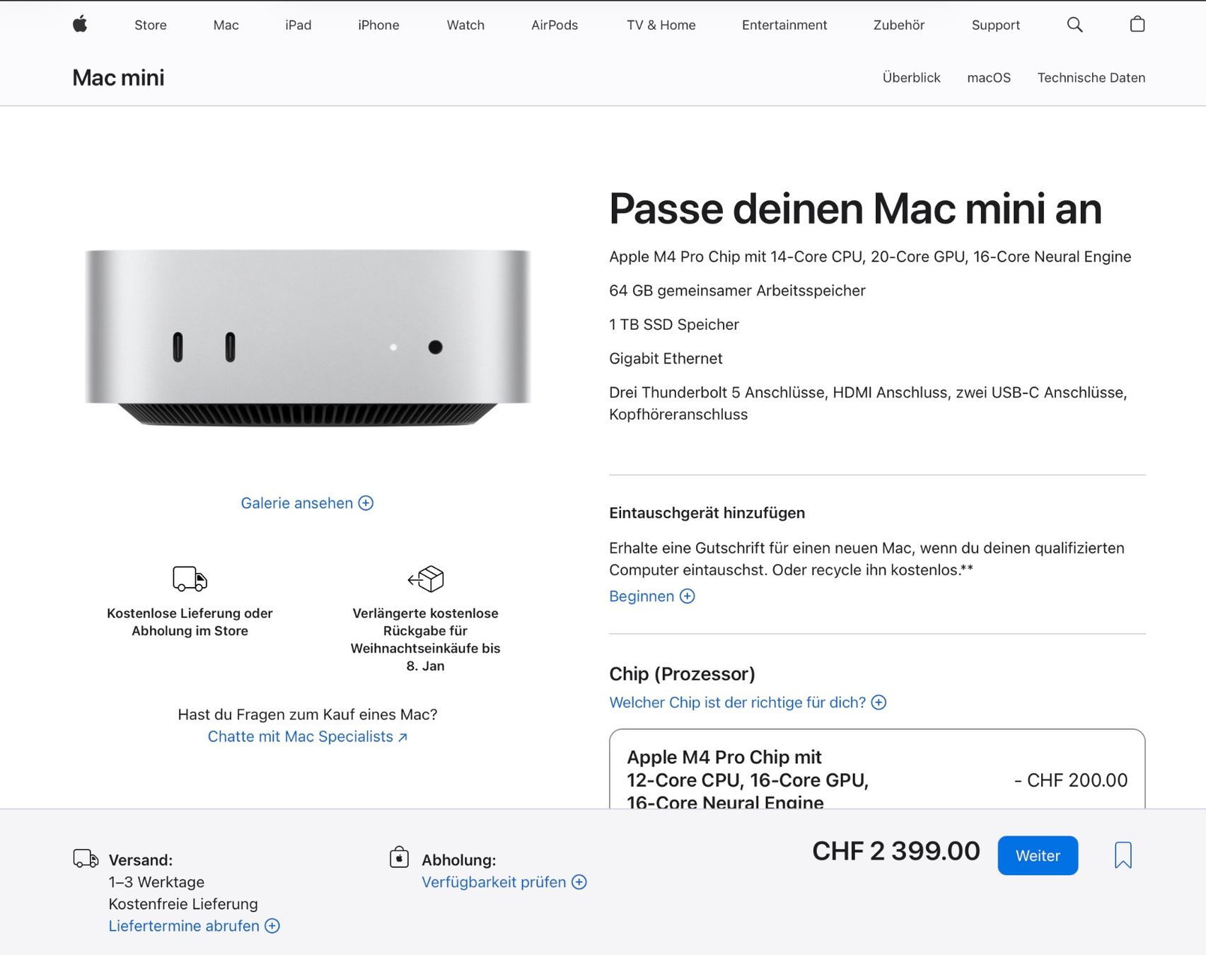Apple Mac mini M4 Pro 14C CPU, 20C GPU, 64GB RAM, 1TB SSD (Gebraucht ...