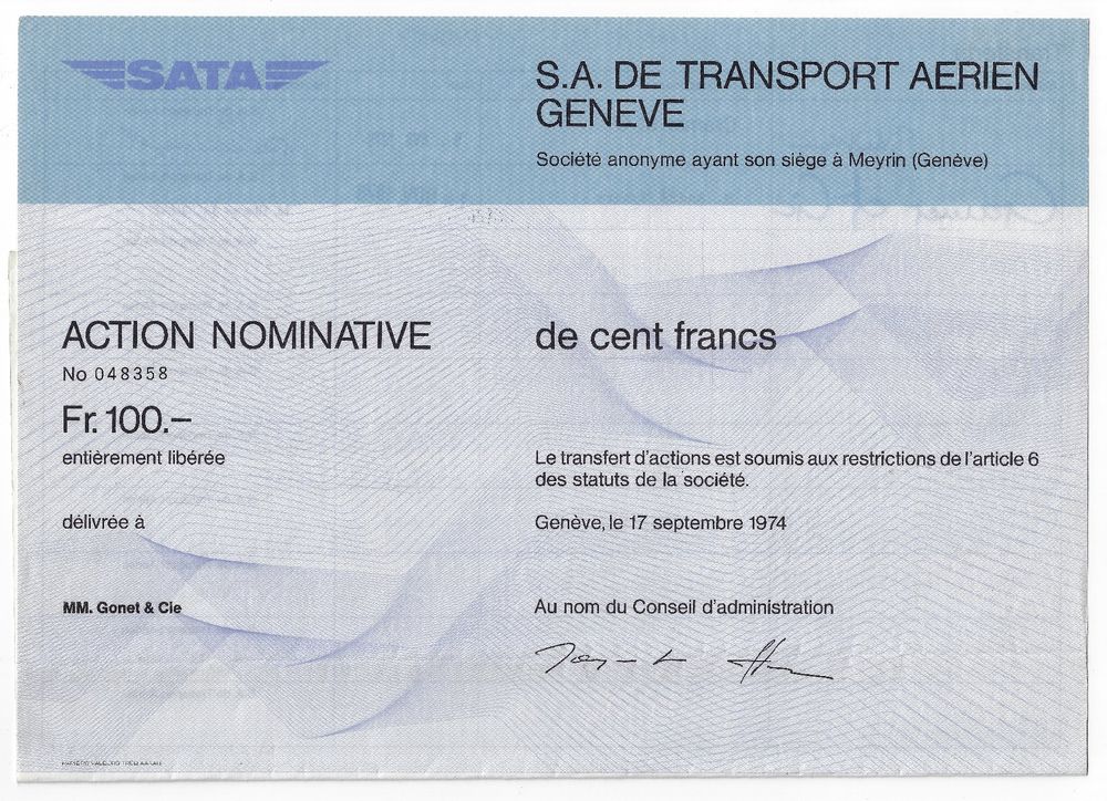 SATA - S.A. de transport aerien Genève - Aktie (Gebraucht) in Balsthal ...