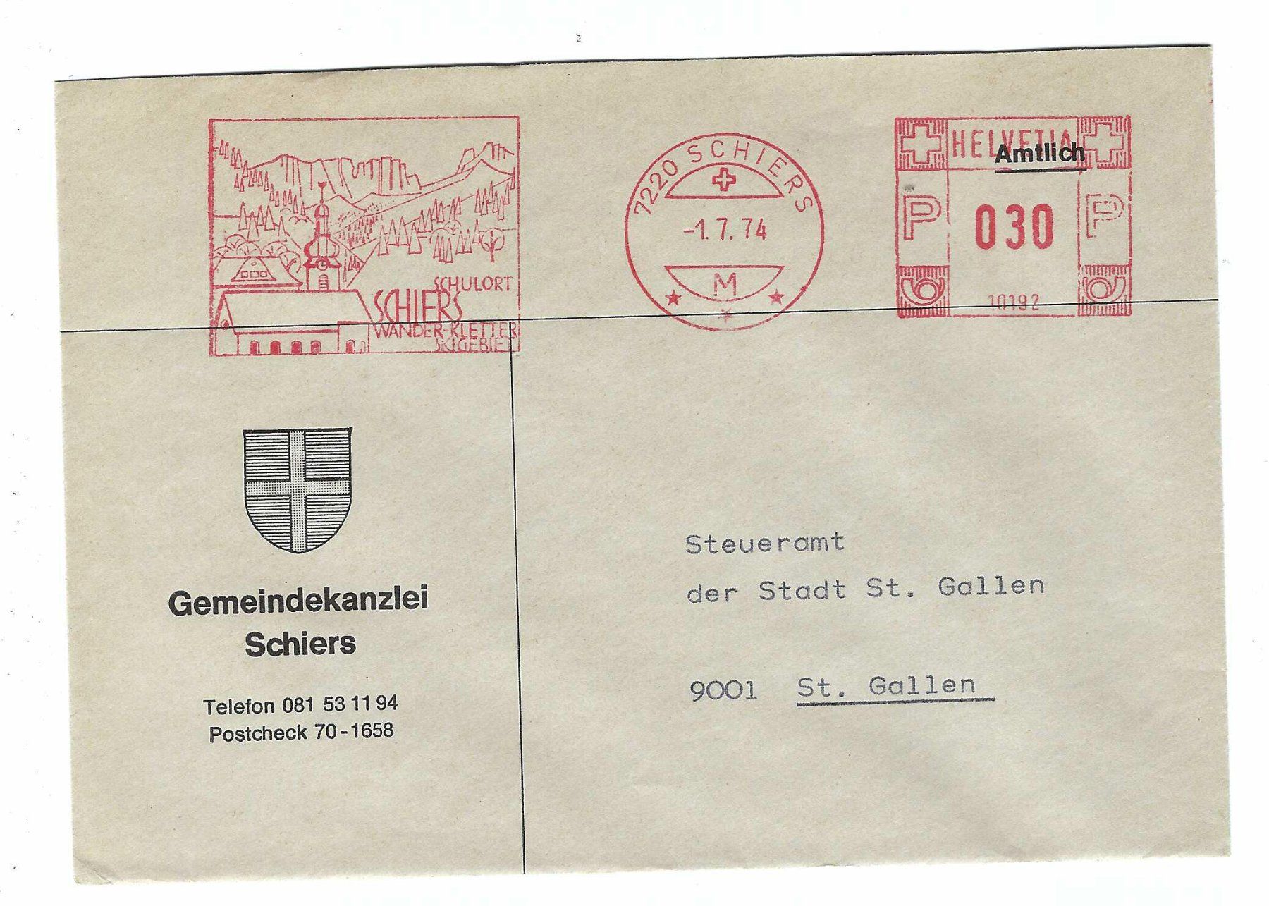 Freistempel Schiers auf Brief der Gemeinde 1974 rm (Gebraucht) in Aarau ...