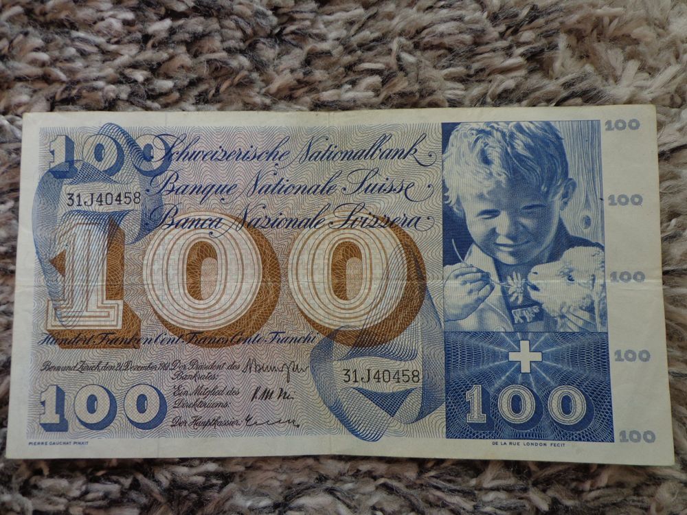 Billet 100 Francs Suisse 21.12.1961 (Gebraucht) in Pully für CHF 25 ...
