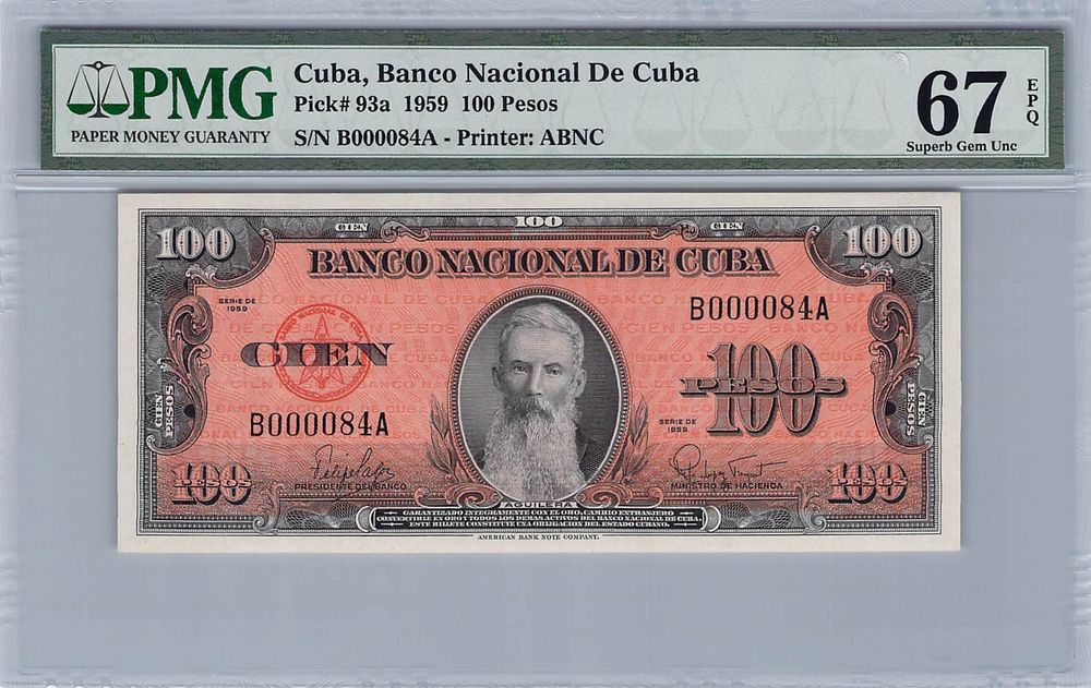 Billet Cuba - 100 Pesos 1959 - Pick 93a - PMG GEM UNC 67 (Gebraucht) in ...
