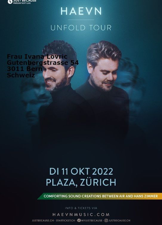 Haevn Plaza Zürich 11.10.2022 - 2 Konzerttickets | Kaufen auf Ricardo