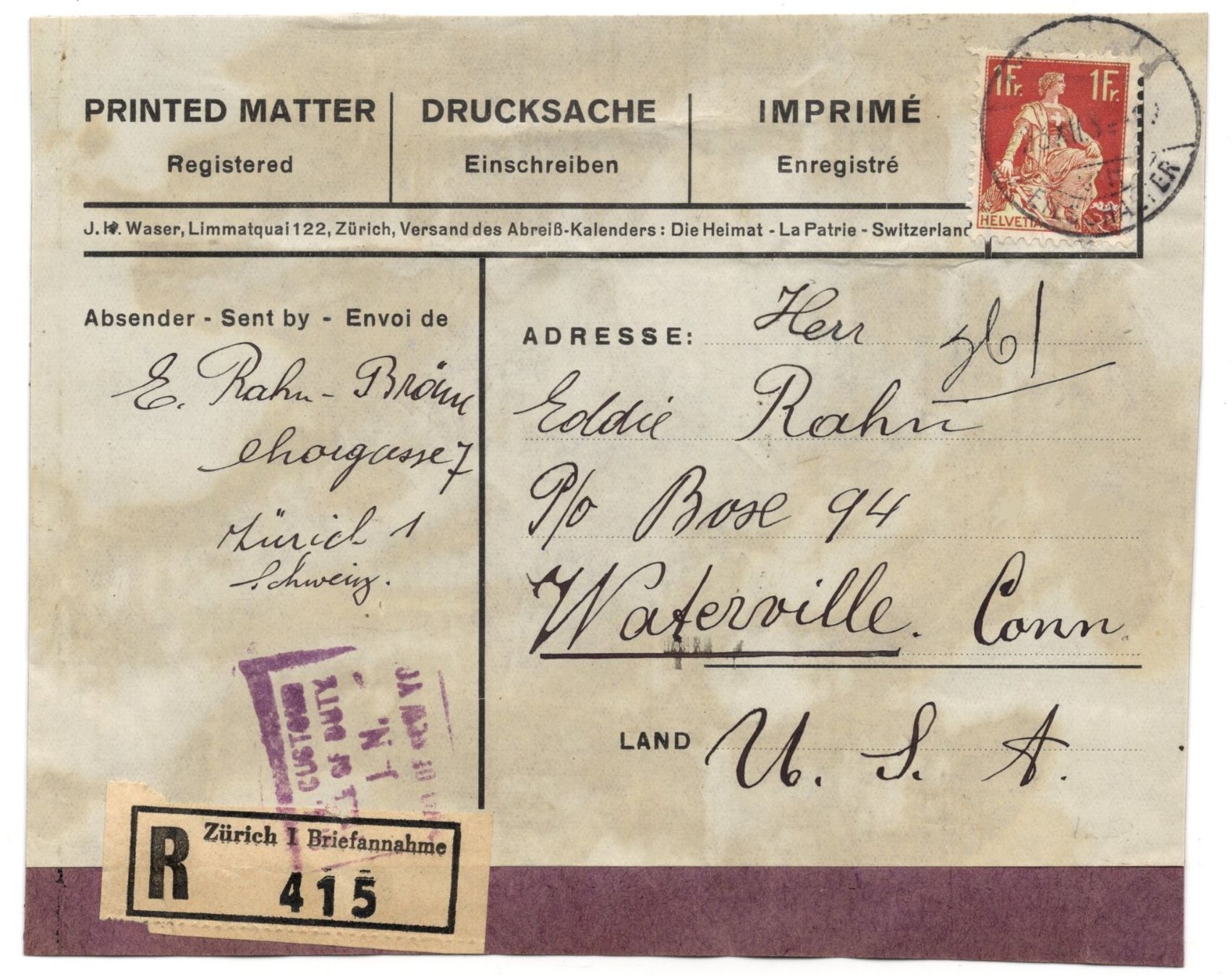 1 Fr. Helvetia mit Schwert - rare EF auf Chargé-Drucksache (Gebraucht ...